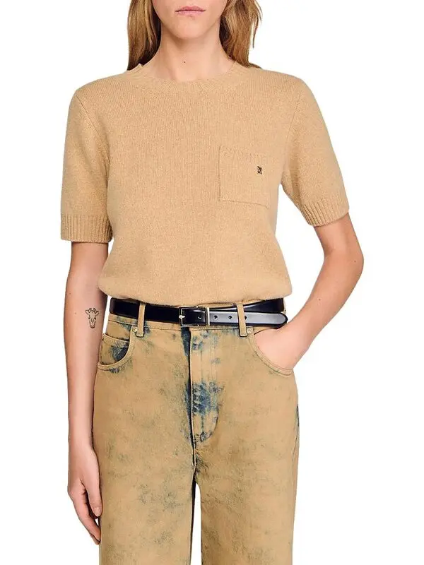 Sandro Short Sleeve Wool Sweater - Camel