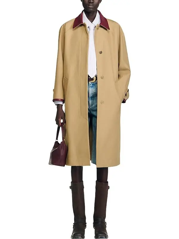 Sandro Leather Collar Trench Coat - Beige
