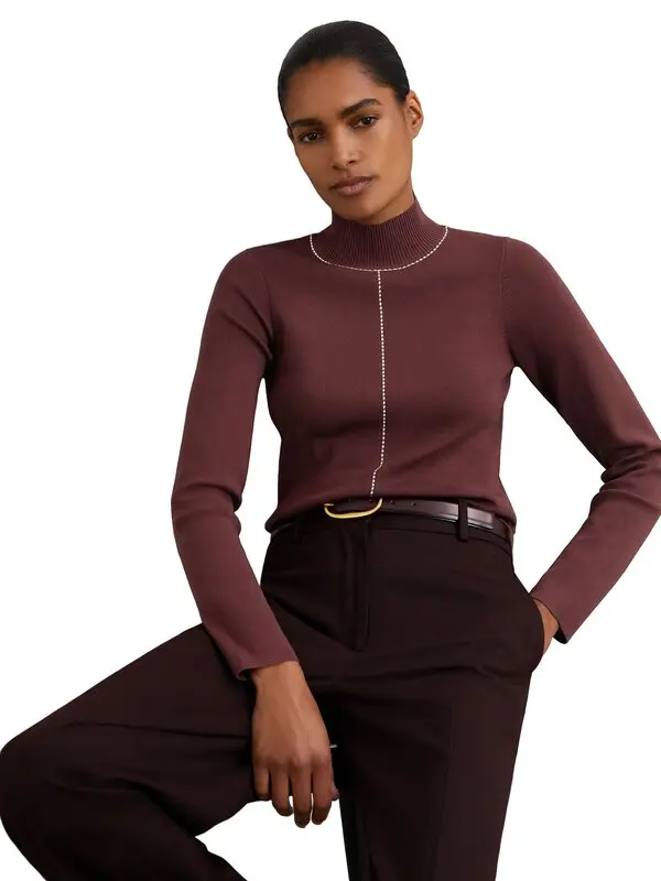 REISS Stitch-detail Funnel-neck Jumper - Burgundy/camel