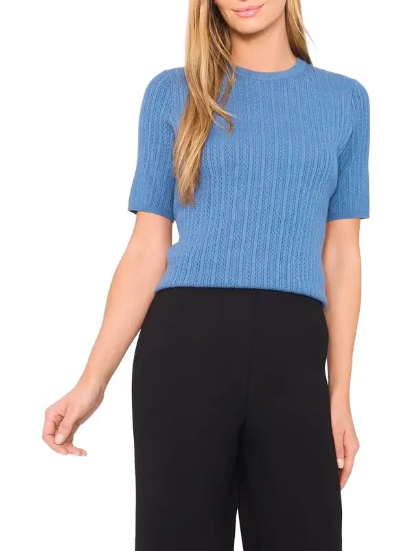 Halogen Pointelle Stitch Short Sleeve Sweater - Aegean Blue
