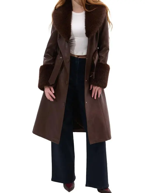 AZALEA WANG Kaya Faux Leather And Faux Fur Coat - Brown