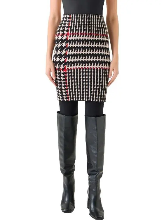 Akris Houndstooth Stretch Virgin Wool Knit Skirt - Black-cream-vermillion