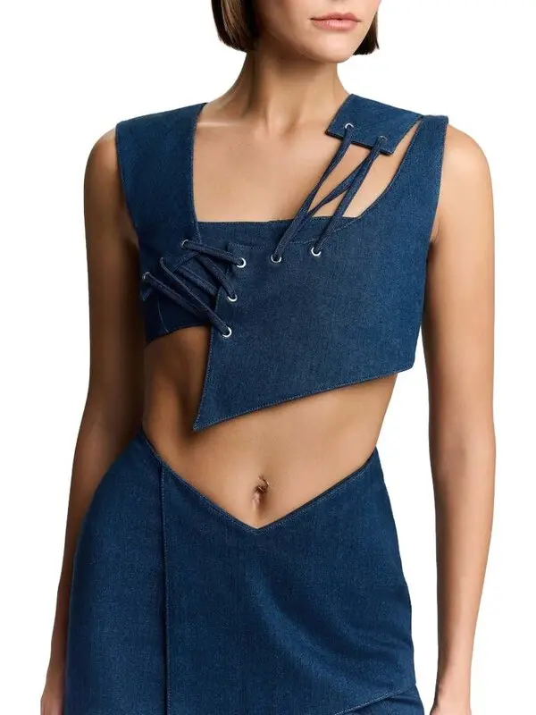 JENDUE US Denim Lace-up Crop Top - Deep Blue