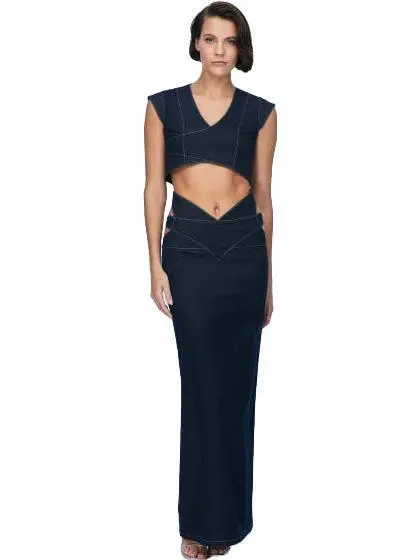 JENDUE Cut-out Denim Maxi Skirt - Blue
