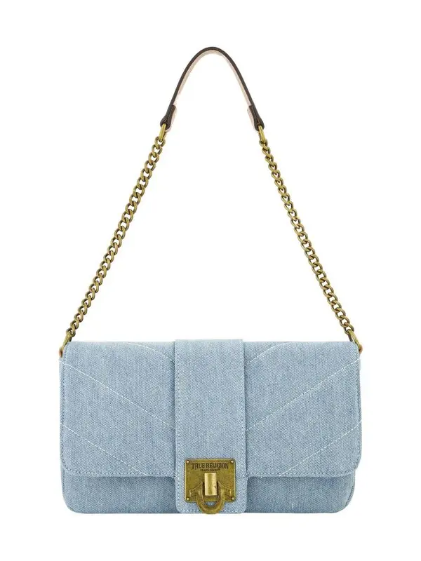 True Religion Denim Flap Shoulder Bag With Brass Hardware - Light Blue