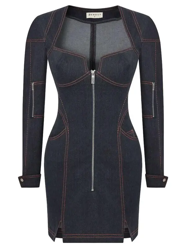 JENDUE Zeitgeist Denim Mini Dress With Contrast Stitching And Zipper Detail - Blue