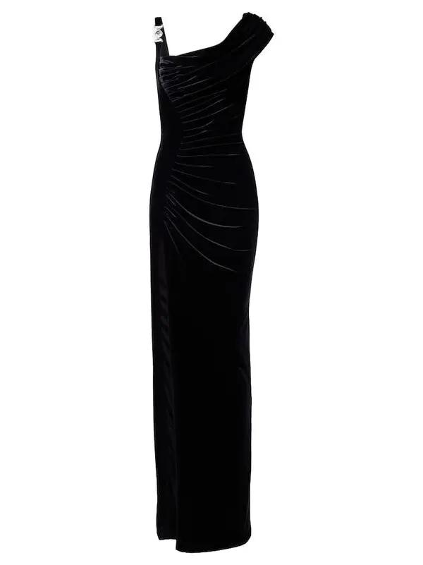 Versace Asymmetric Gathered Velvet Gown - Black