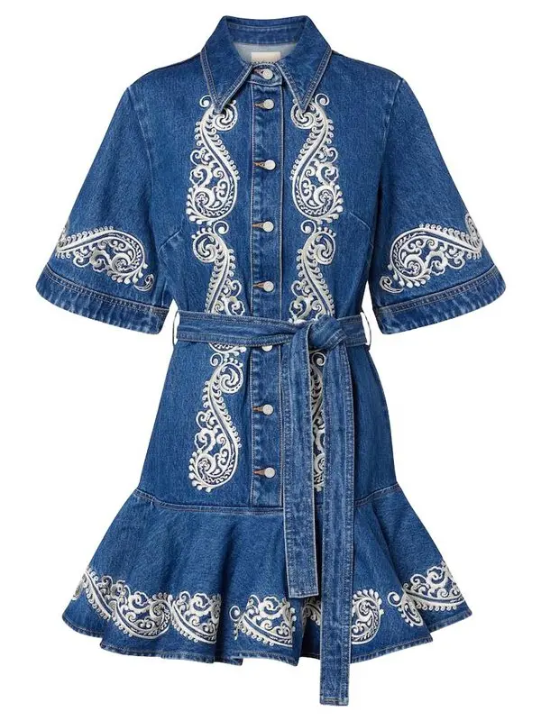 ALEMAIS Alémais Embroidered Paisley Denim Mini Dress - Blue