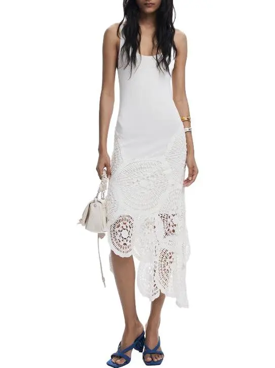 Desigual Asymmetric Hem Crochet Trim Cotton Dress - White