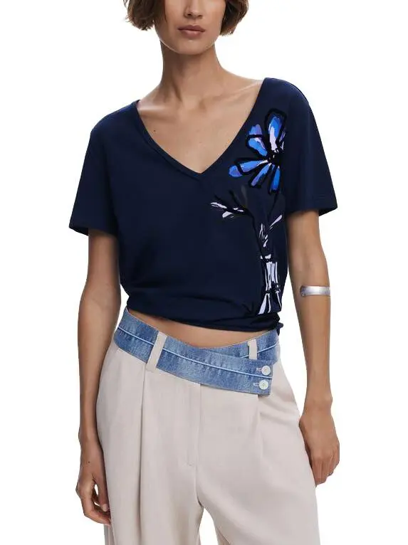 Desigual Floral Graphic Cotton T-shirt - Dark Blue