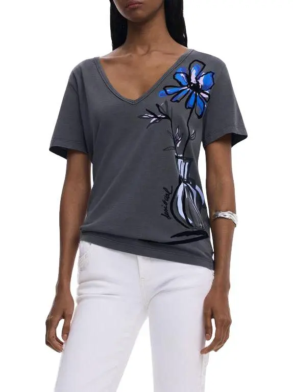 Desigual Floral Graphic Cotton T-shirt - Faded Black