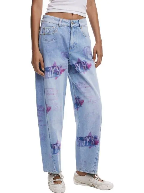 Desigual Printed Boyfriend Barrel Leg Jeans - Medium Blue