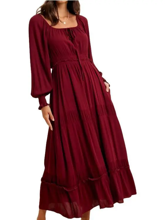 KNIT & LOUNGE Long-sleeve Smocked Maxi Dress With Tiered Skirt - Burgundy