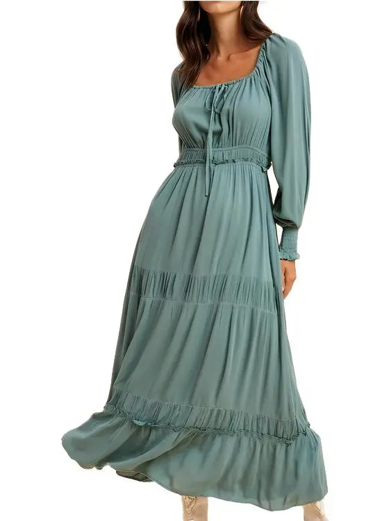 KNIT & LOUNGE Long-sleeve Smocked Maxi Dress With Tiered Skirt - Teal