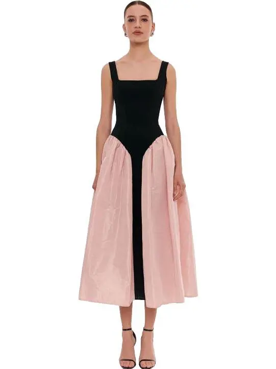 MILLA Corset Glossy Skirt Midi Dress - Black&pink