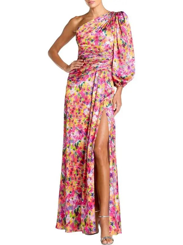 Mac Duggal Floral One-sleeve Charmeuse Gown With Slit - Multi