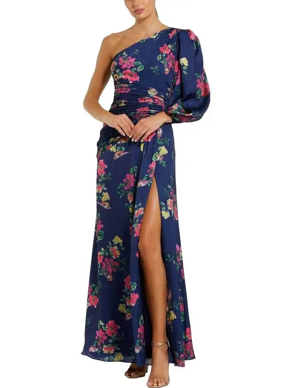 Mac Duggal Floral One-sleeve Gown With Slit - Navy Floral