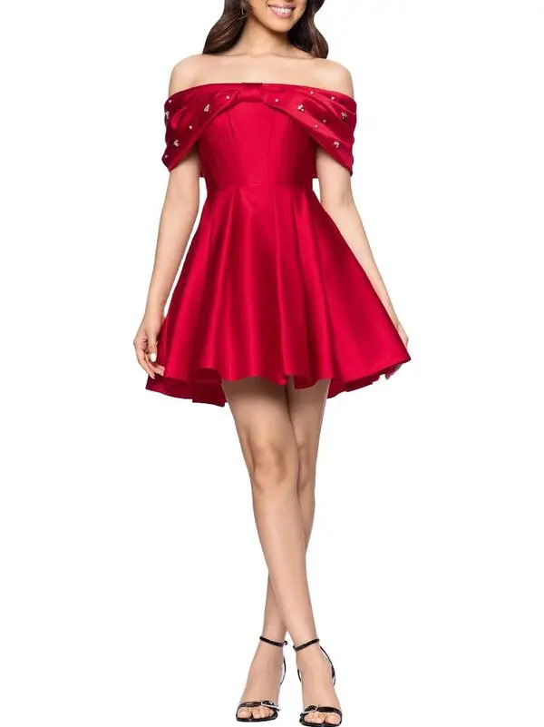 BLONDIE NITES Rhinestone Bow Mini Dress - Red