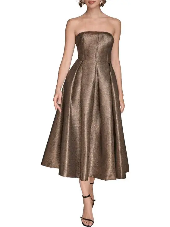 Donna Karan New York Metallic Pleated Strapless Fit & Flare Cocktail Dress - Vicuna