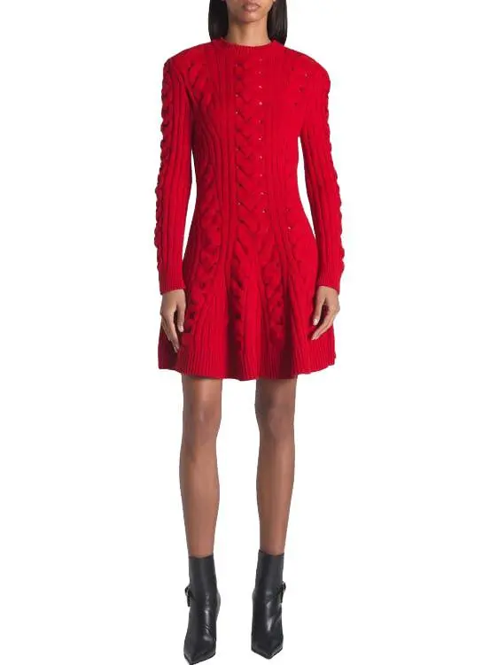 Alexander McQueen Long Sleeve Cable Knit Mini Sweater Dress - Poppy Red