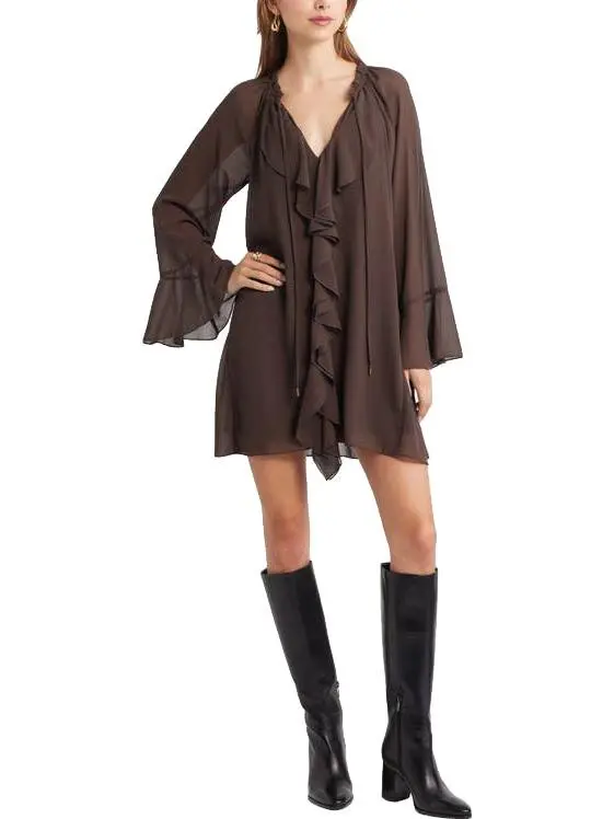 OPEN EDIT Ruffle Chiffon Shift Dress - Brown Seal