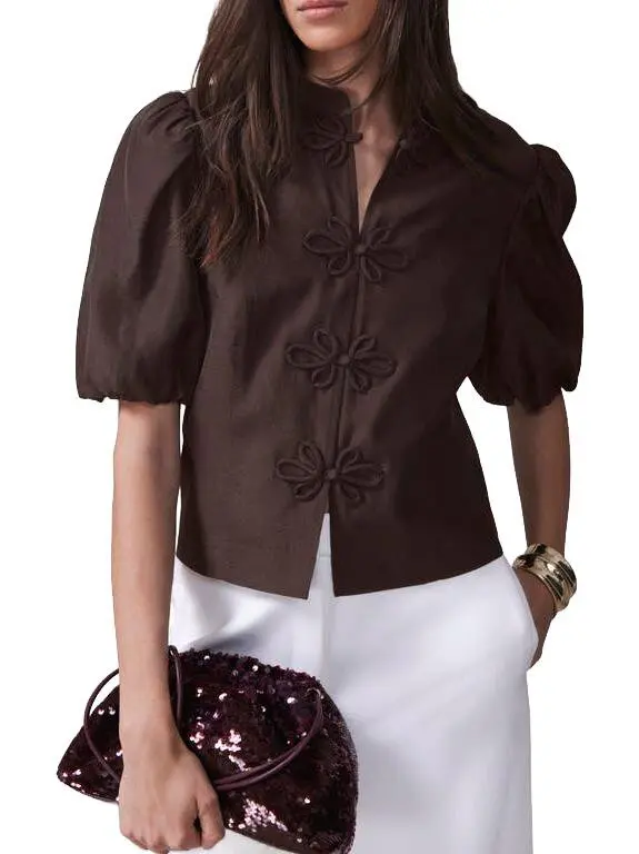 Mint Velvet Puff Sleeve Top With Floral Detail - Burgundy