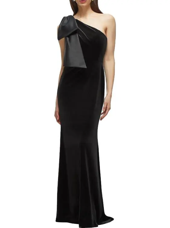 After Six Satin Bow One-shoulder Velvet Mermaid Gown - Black