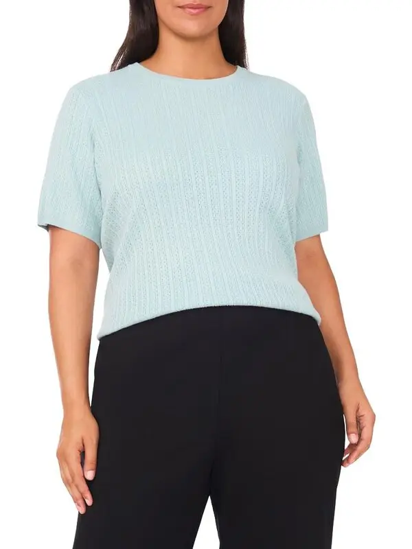 Halogen Pointelle Stitch Short Sleeve Sweater - Aqua Maligne
