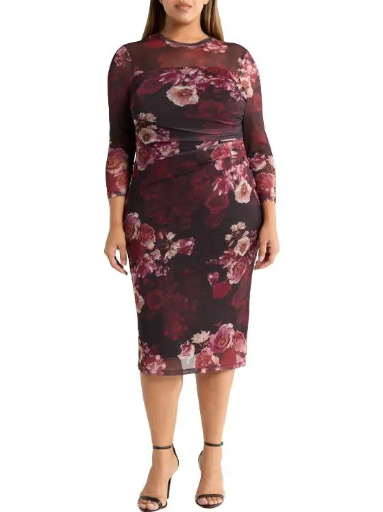 Anne Klein Floral Ruched Long Sleeve Midi Dress - Midnight Chianti Multi