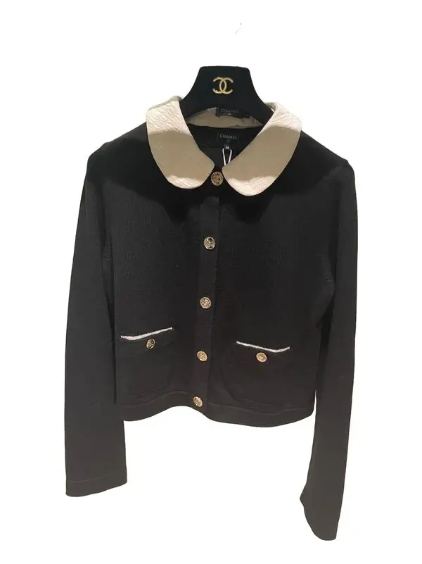 Chanel Knitted Cardigan With Contrast Collar - Black