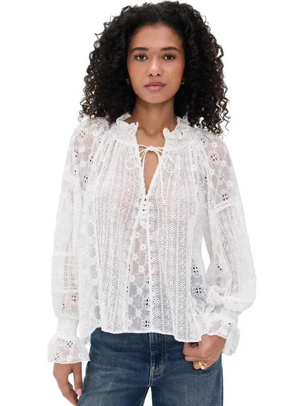 Alice + Olivia Norah Eyelet Peasant Blouse - White