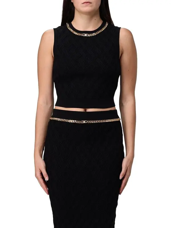 Elisabetta Franchi Cropped Knit Top With Chain Detail - Black