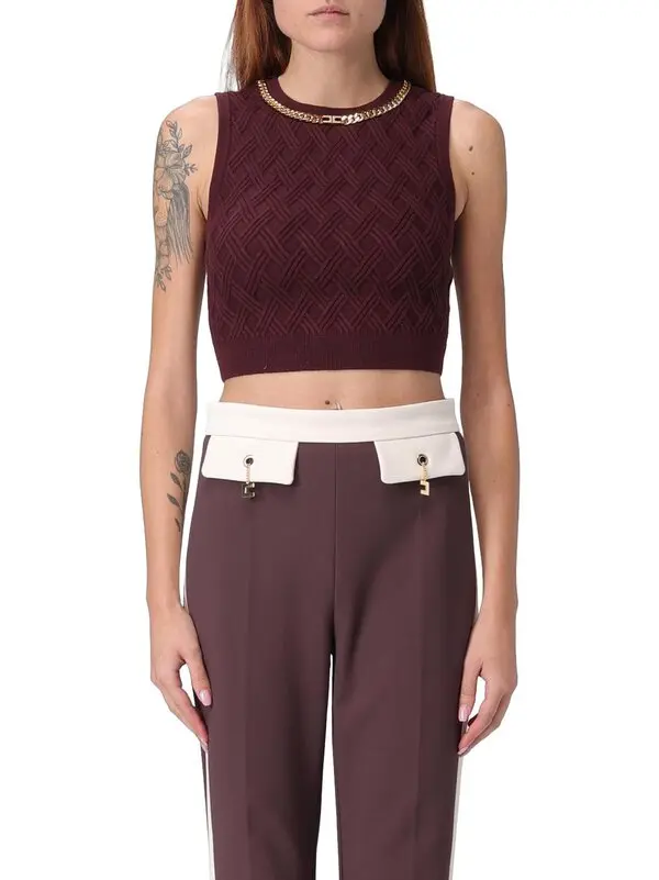 Elisabetta Franchi Cropped Knit Top With Chain Detail - Wine