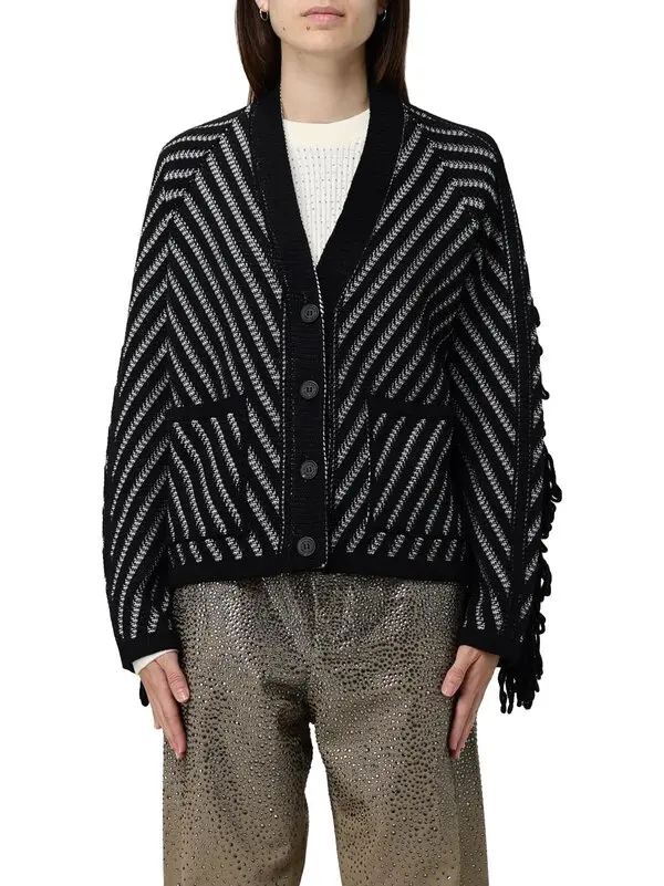GOLDEN GOOSE Striped Cardigan With Fringe - Black