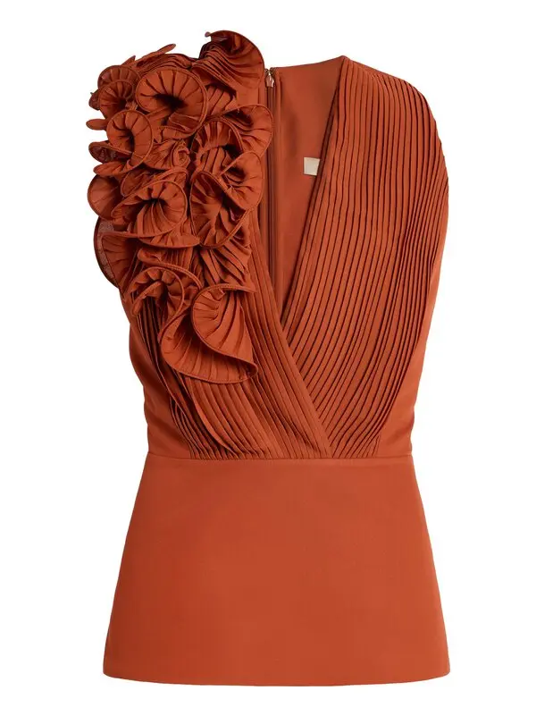 Elie Saab Plunged Plissé Chiffon Top - Orange