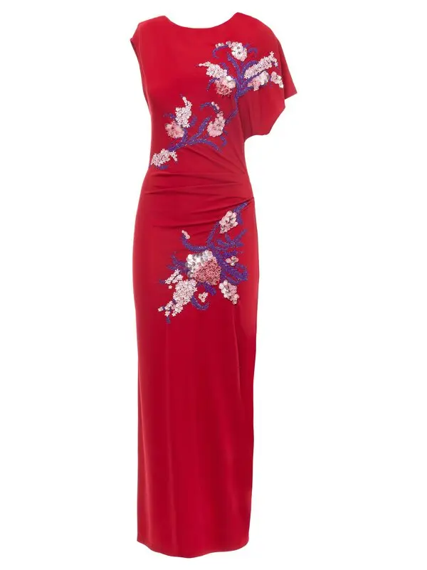 DES_PHEMMES Embroidered Jersey Midi Dress - Red
