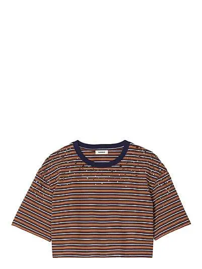 Sandro Rhinestone-embellished Striped Boxy T-shirt - Brown / Deep Blu