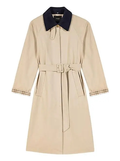 Maje Cotton Trench Coat With Corduroy Collar And Checked Cuffs - Beige