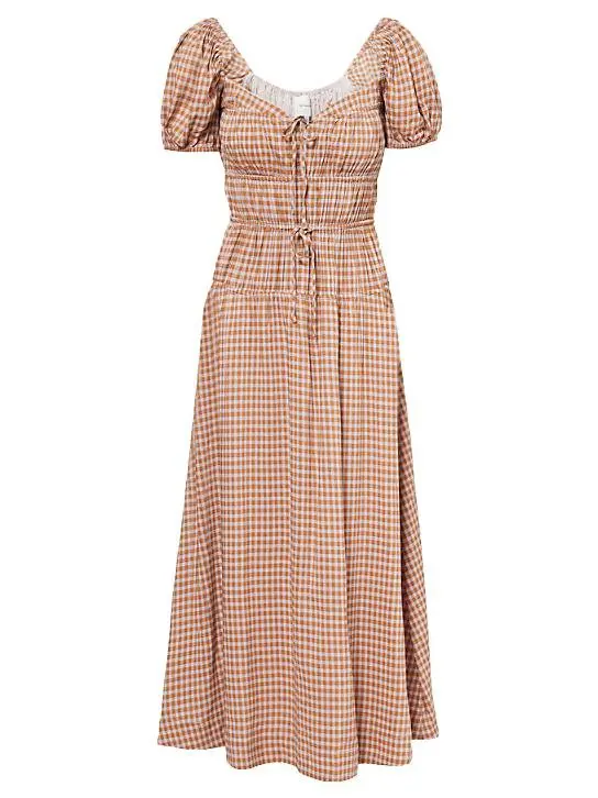 REFORMATION Woven Midi Dress With Puffed Sleeves - Audrie Check