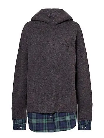 Acne Studios Contrast-check-print Relaxed-fit Wool-blend Hoodie - Graphite Grey