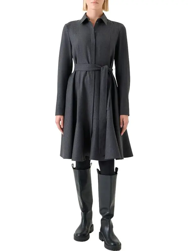 Akris Long Sleeve Belted Virgin Wool Flannel Shirtdress - Charcoal