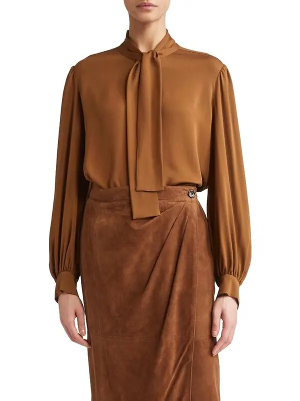 Max Mara Melania Tie Neck Silk Crêpe De Chine Top - Tobacco