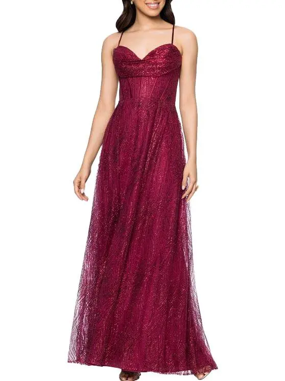 BLONDIE NITES Glitter Draped Lace-up Gown - Wine