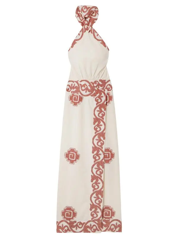 Johanna Ortiz Embroidered Cotton Halterneck Maxi Dress - Neutrals