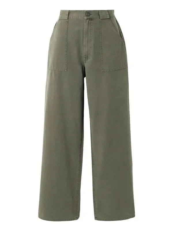ANINE BING Grayson Cropped Cotton-canvas Wide-leg Pants - Green