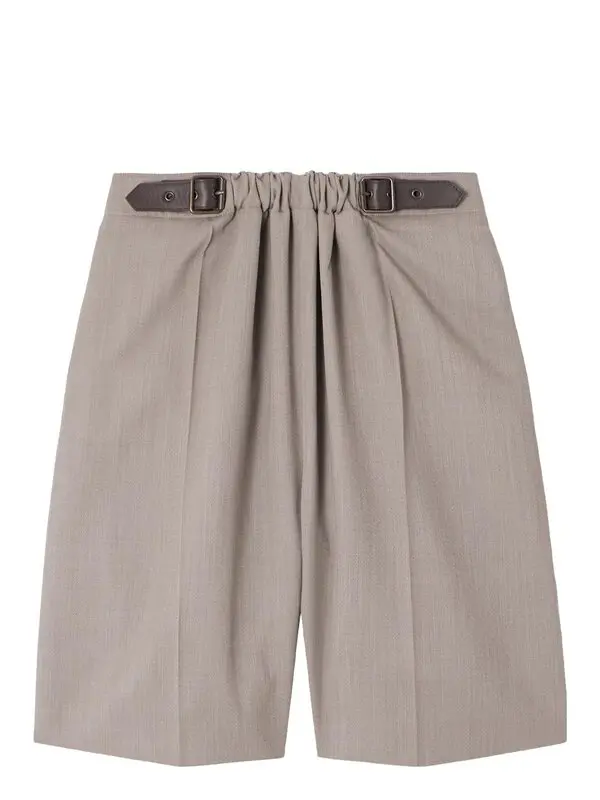 Loewe Leather-trimmed Gathered Wool-twill Shorts - Gray
