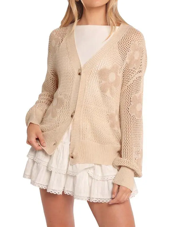 PETAL & PUP Winslow Open Knit Flower Cardigan - Tan