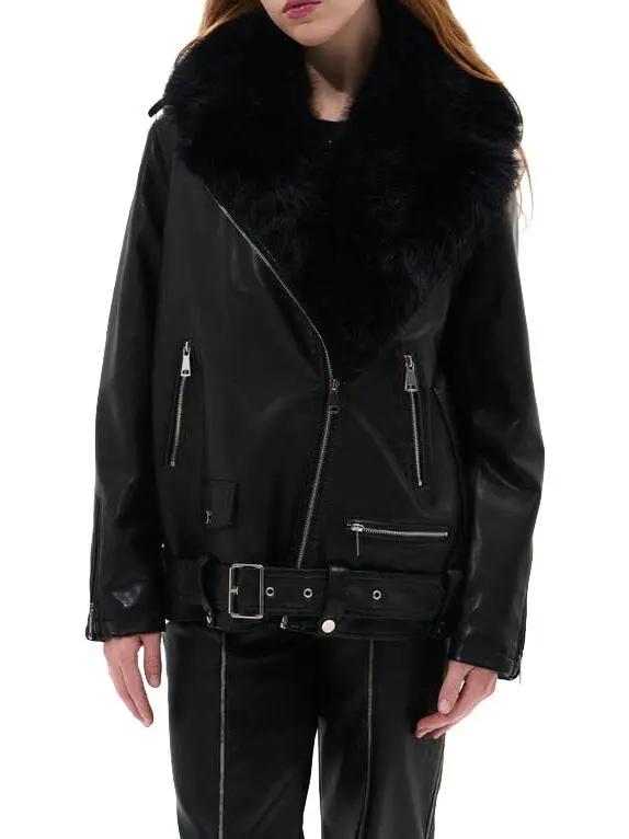 AZALEA WANG Faux Leather Moto Jacket With Faux Fur Collar - Black