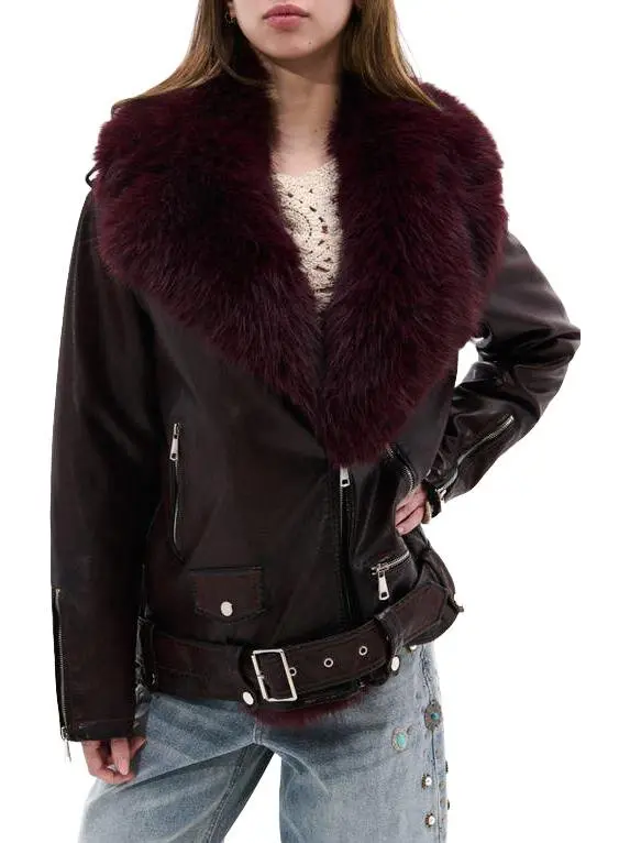 AZALEA WANG Faux Leather Moto Jacket With Faux Fur Collar - Burgundy