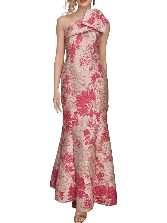 Donna Karan New York Metallic One-shoulder Jacquard Mermaid Gown - Fuchsia Multi